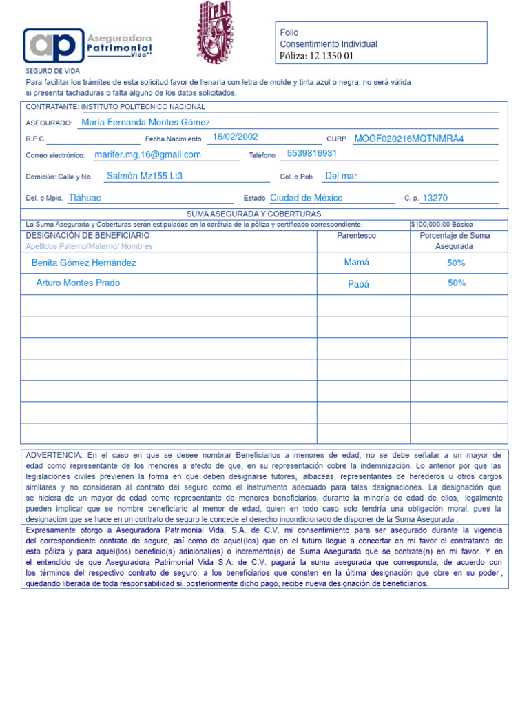 Consentimiento Seguro Vida IPN | PDF | Póliza de seguros | Seguro