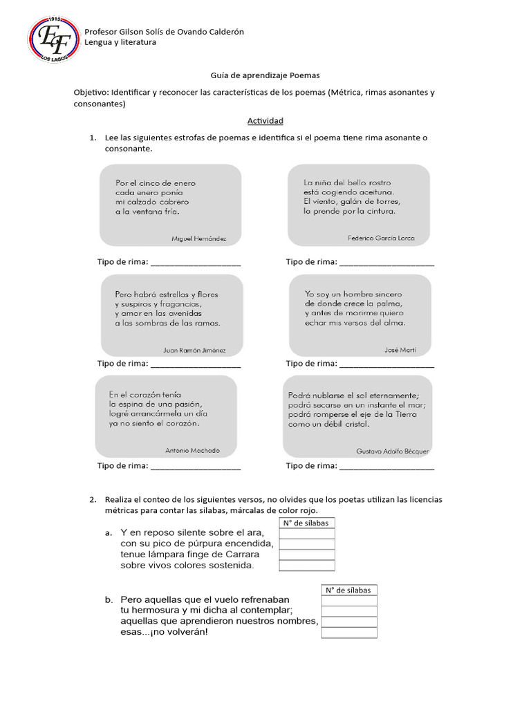 Guía de aprendizaje Poemas 7 y 8 A | PDF | Rima | Poesía