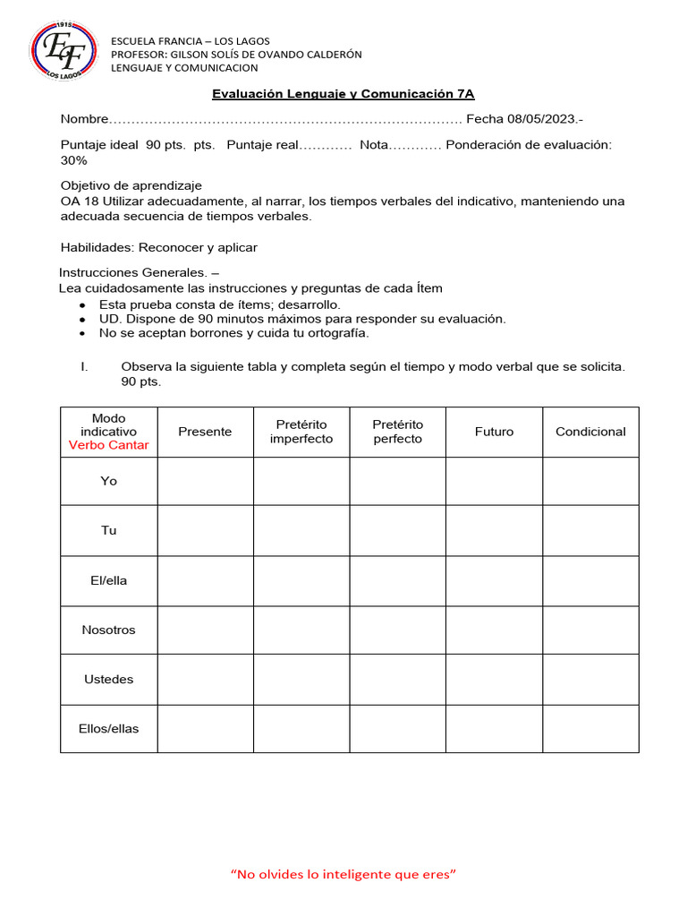 Evaluacion Modo y Tiempos Verbales 7A | PDF | Poesía