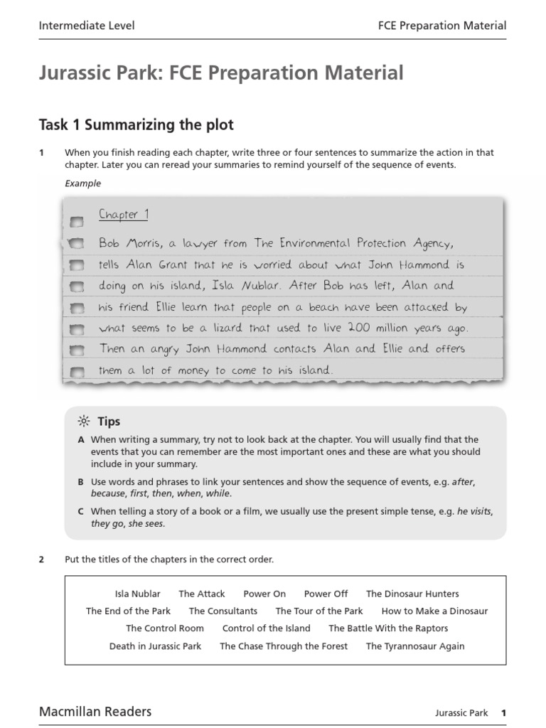 Jurassic Park: FCE Preparation Material: Task 1 Summarizing The Plot ...
