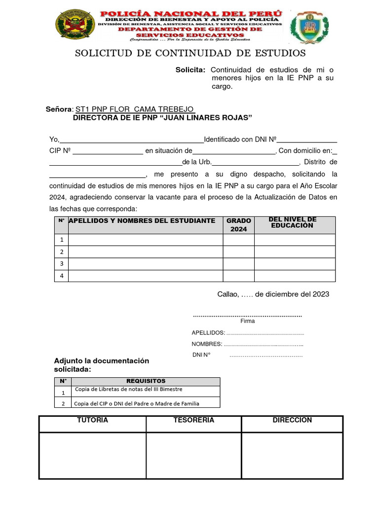 Solicitud de Continuidad de Estudios en La II Ee Pnp-2024 Ok | PDF