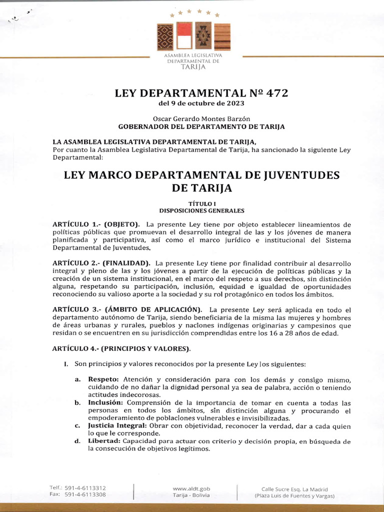 Ley Departamental N 472 Ley Marco Departamental de Juventudes de Tarija | PDF | Bolivia ...