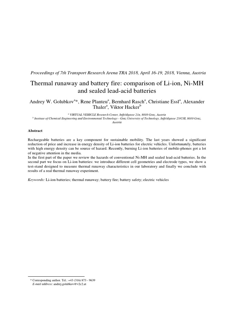 Thermal runaway and battery fire comparison of Li-ion, Ni-MH and sealed lead-acid batteries ...