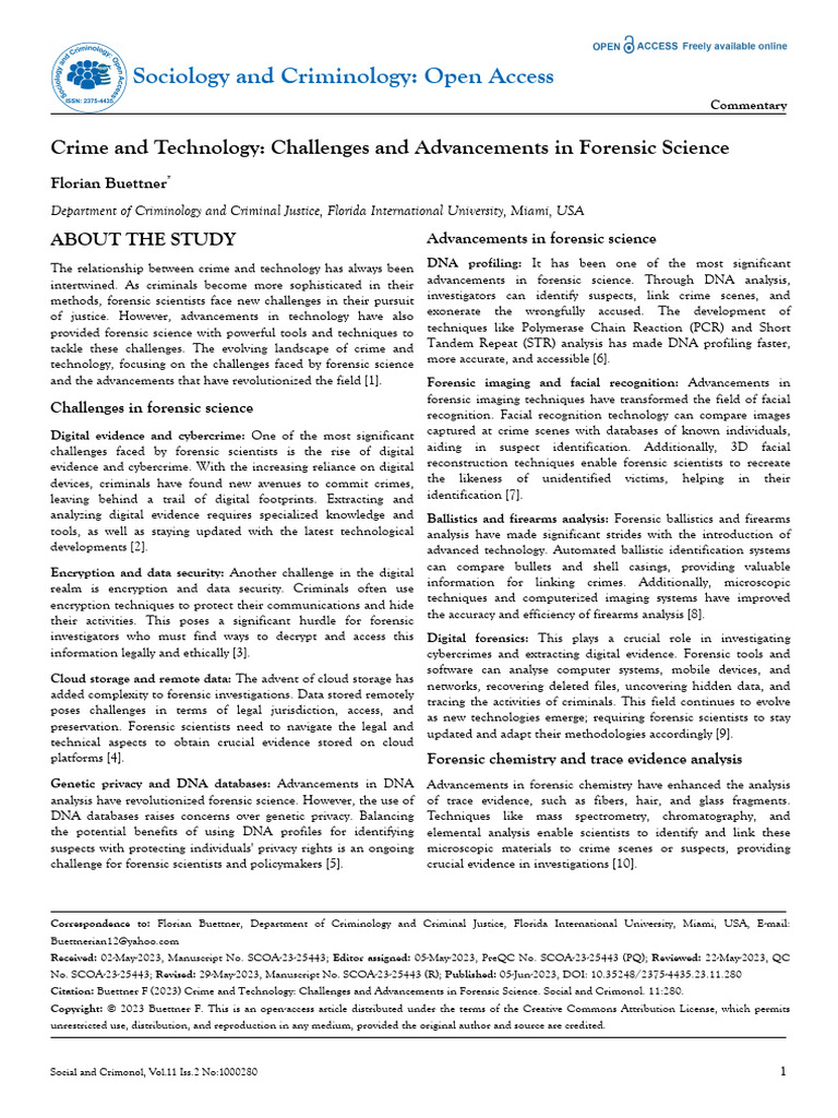 Crime and Technology Challenges and Advancements in Forensic Science ...