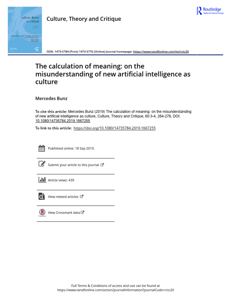 The Calculation of Meaning On The Misunderstanding of New Artificial Intelligence As Culture ...