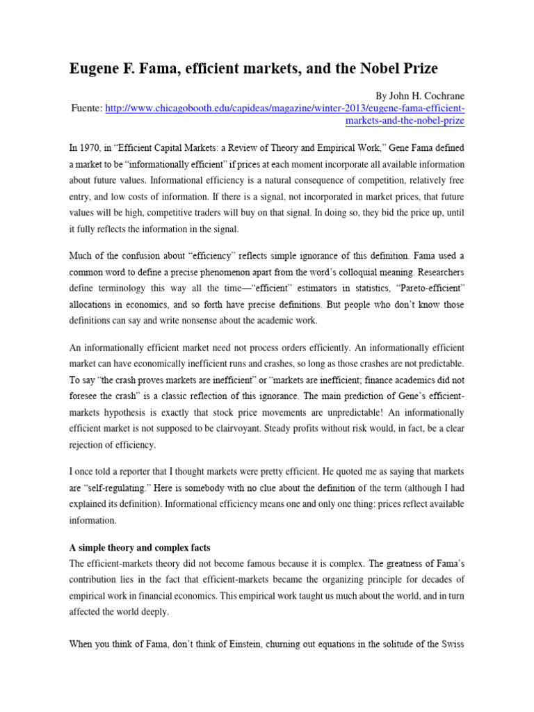 Cochrane - Eugene Fama, Efficent Marktes and The Nobel Prize | PDF ...
