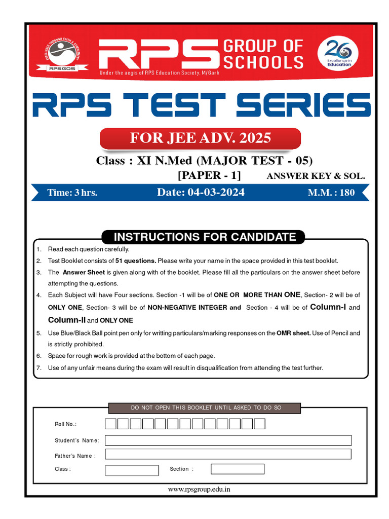 XI N.M. Major Test - 5 Key & Sol. PAPER - 1 (04-03-2024) | PDF ...