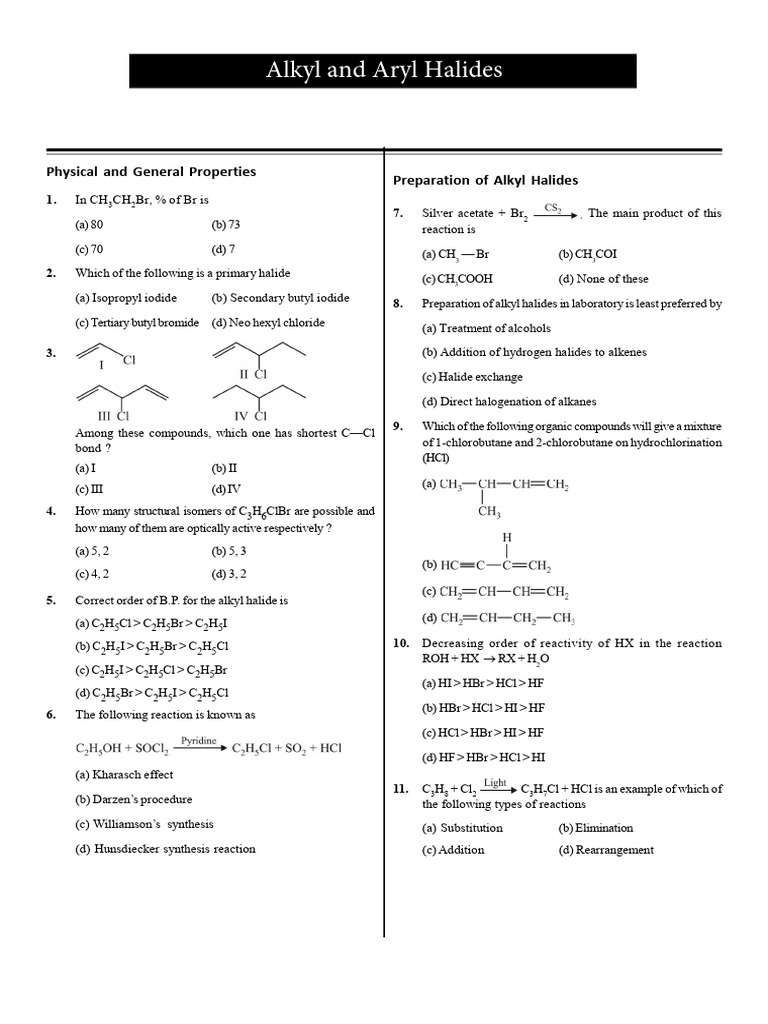 Alkyl and Aryl Halides Sheet | PDF | Ether | Alkane