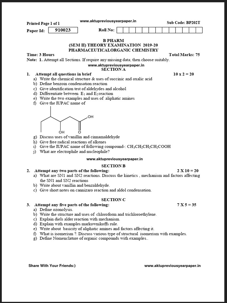 Pharmaceutical-Organic-Chemistry-Previous-year-paper-2020-BPharm ...