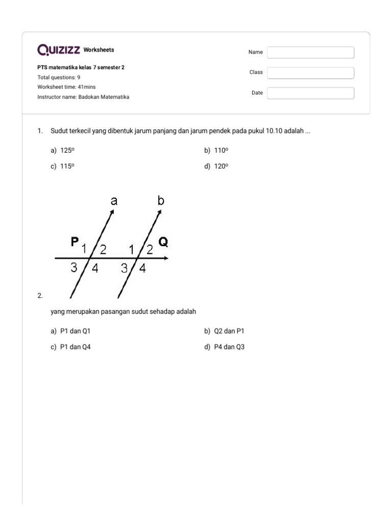 PTS Matematika Kelas 7 Semester 2 - Quizizz | PDF