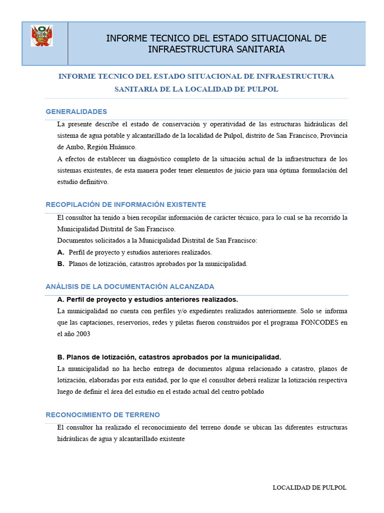 Nuevo ESTADO SITUACIONAL - PULPOL | PDF | Alcantarillado | Agua