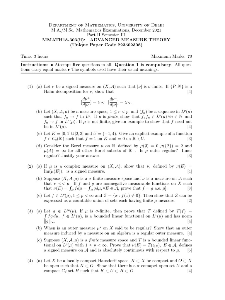 Adv_Meas_Theory_DU Question 2021 SEM IV | PDF | Measure Theory | Mathematical Analysis
