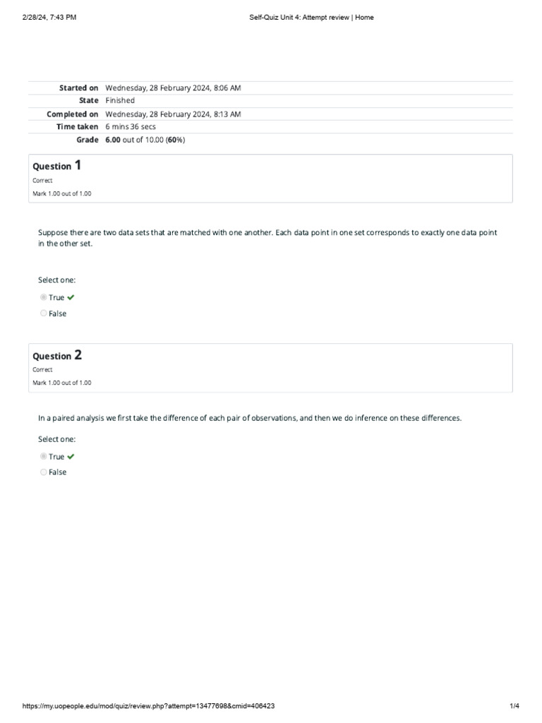 Self Quiz Unit 4 Attempt Review Home Pdf Statistical Hypothesis Testing P Value