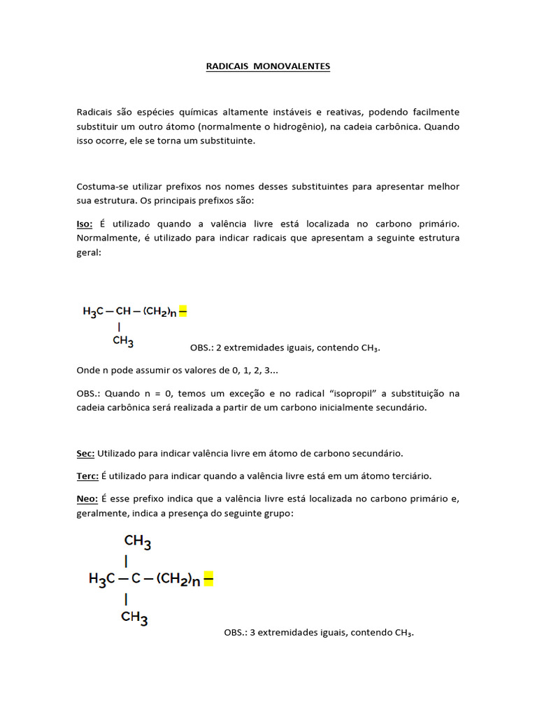 Radicais Monovalentes e Suas Estruturas | PDF | Poesia
