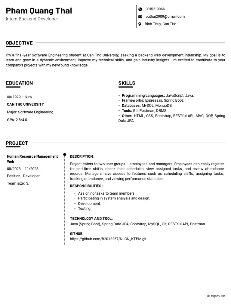Pham Quang Thai CV Intern | PDF | Spring Framework | Databases