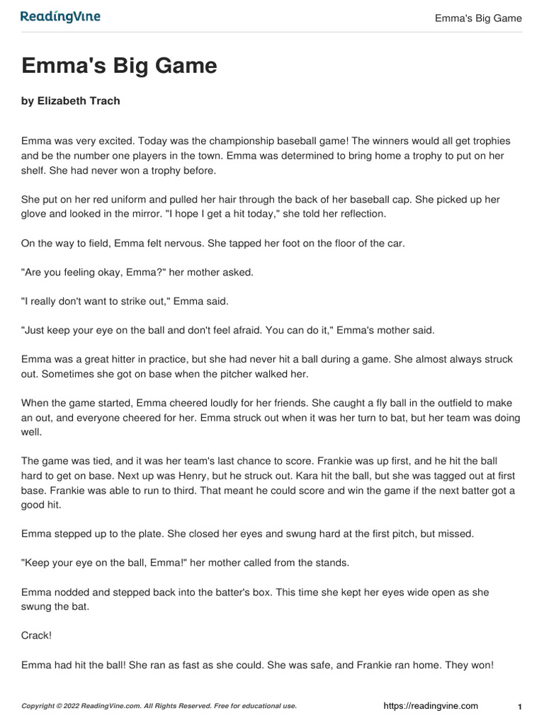 Emma S Big Game Passage | PDF | Athletic Sports | Ball And Bat Games