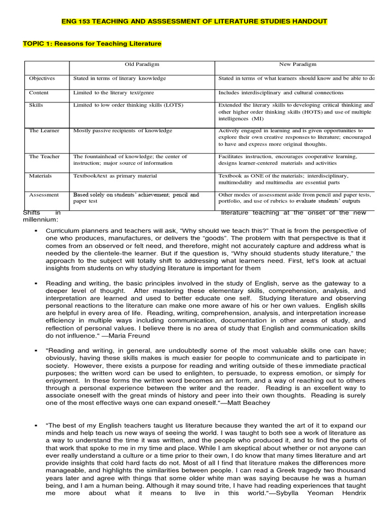 Teaching and Assessment of Literature Studies Handout - 2 | Download ...