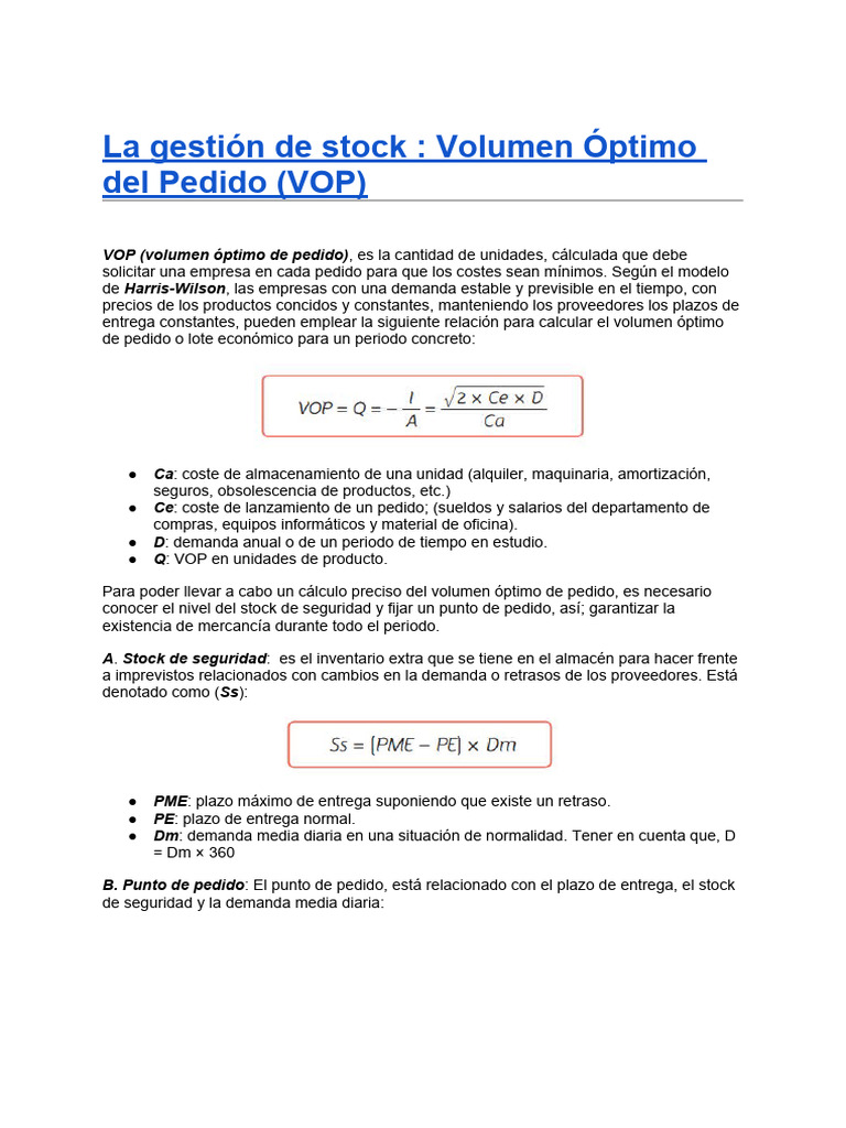 La gestión de stock Volumen Óptimo del Pedido (VOP) | PDF