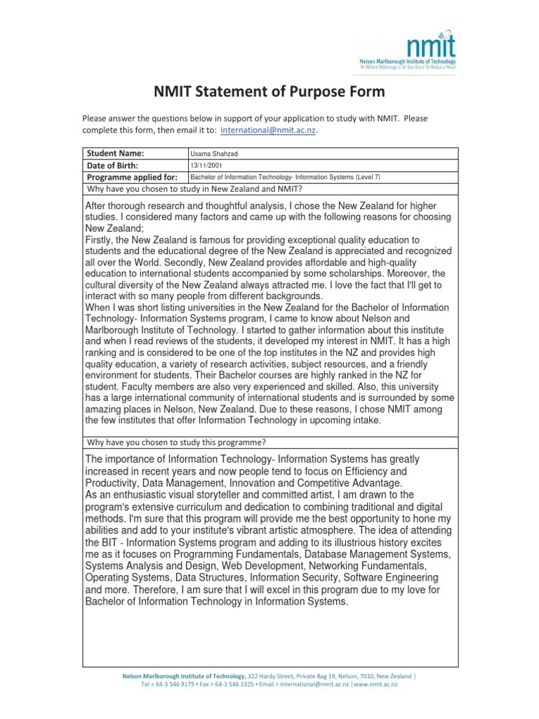 NMIT Statement of Purpose Template | PDF | Information | Information ...