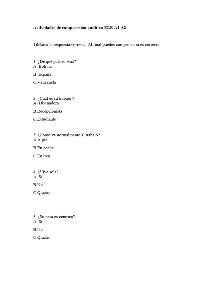 Actividades de Comprensión Auditiva ELE A1 A2 | PDF