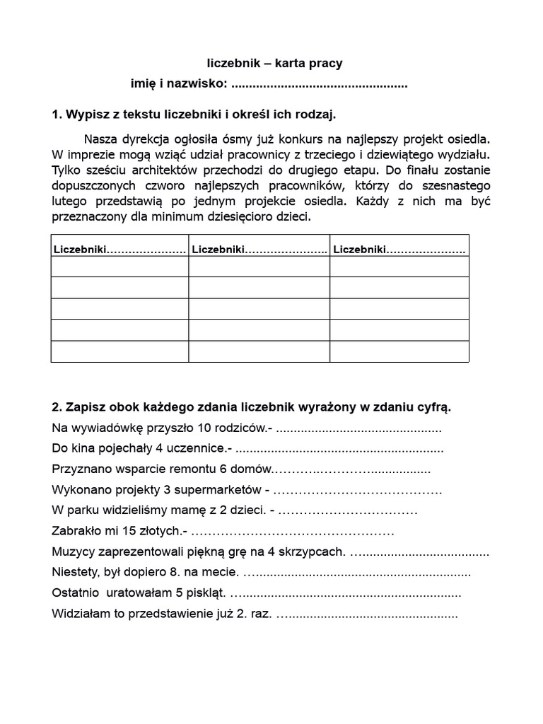 Liczebnik Karta Pracy | PDF