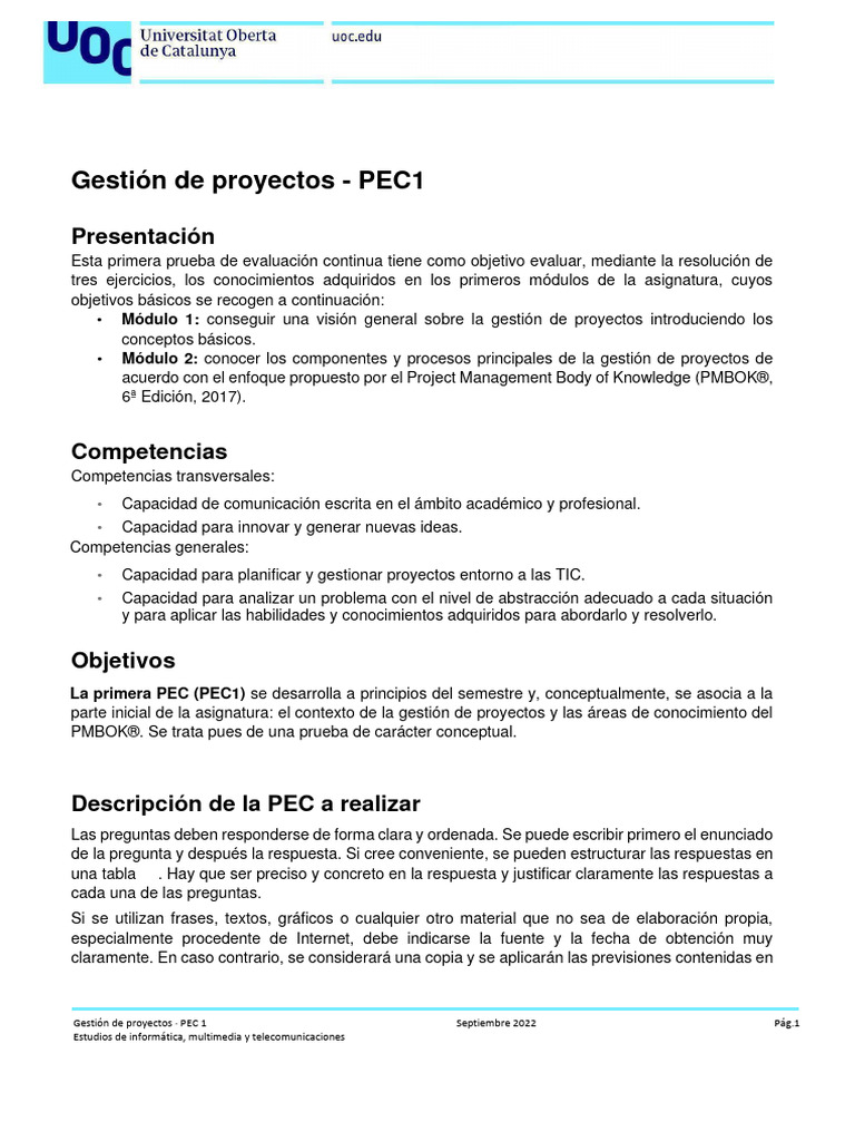 PEC 1 - Enunciado - 20221 - CAST | PDF | Gestión de proyectos | Business