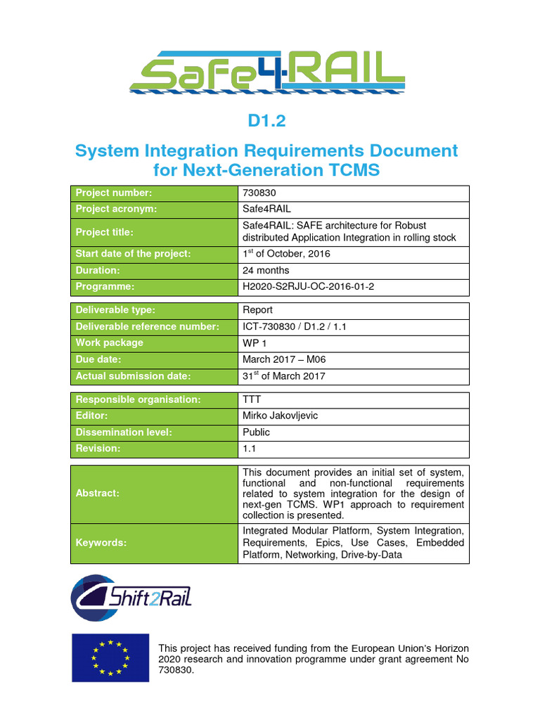 Safe4RAIL D1.2 System Integration Req PU M6 | PDF | Application Software | System