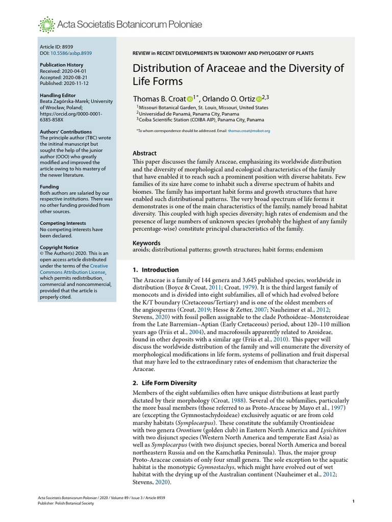 Distribution of Araceae and The Diversity of Life Forms: Acta ...