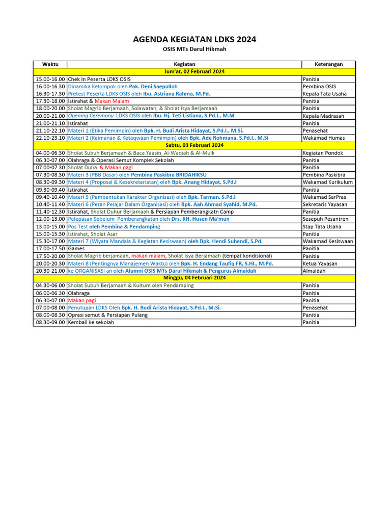 Jadwal Kegiatan LDKS 2024-1 | PDF