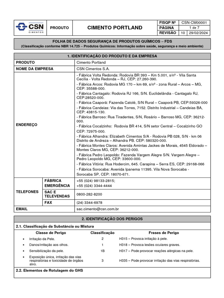 FDS 0001 CSN CIMENTOS Rev.10 | PDF | Cimento | Desperdício