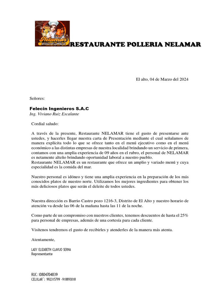 Carta de Presentacion Nelamar Felecin | Descargar gratis PDF | Comida y bebida | Alimentos