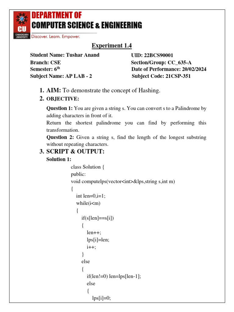Ap 2 Exp 1.4 | PDF | String (Computer Science) | Algorithms