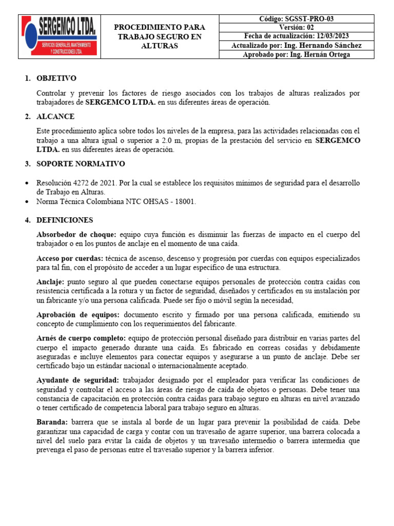 Procedimiento para Trabajo Seguro en Alturas | PDF