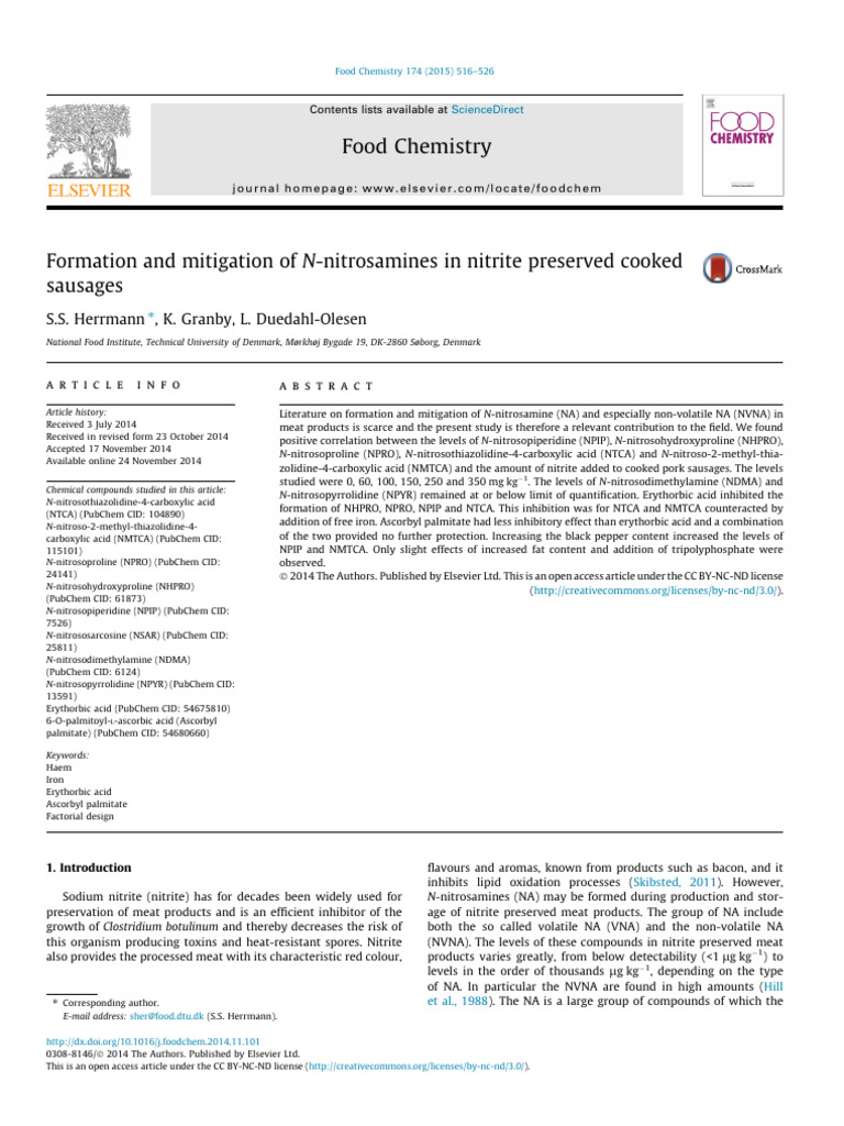 Artigo Nitrosaminas N-Nitrosamines in Nitrite Preserved Cooked Sausages | PDF | Nitrite ...