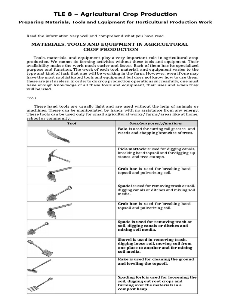 TLE 8 Farm Equipments Handout | PDF | Agricultural Machinery | Plough