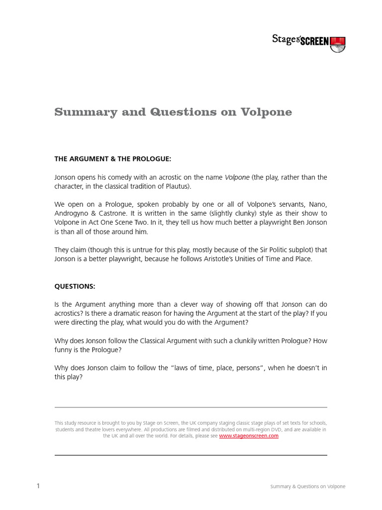 Summary and Questions for Volpone | PDF