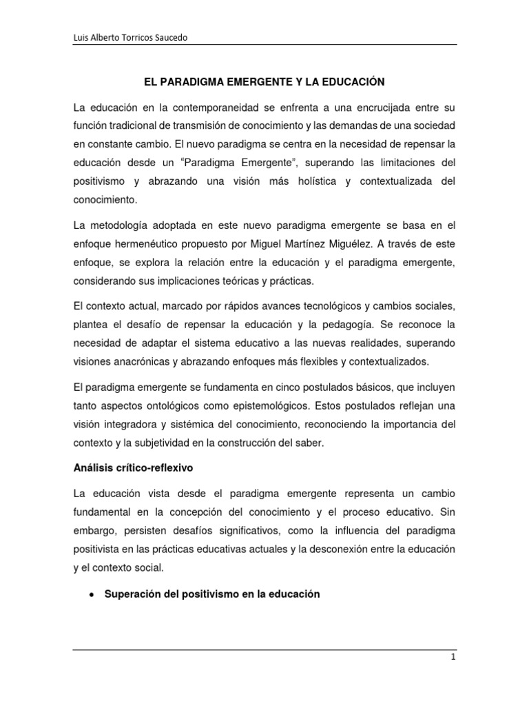 El Paradigma Emergente y La Educación | PDF | Paradigma | Conocimiento
