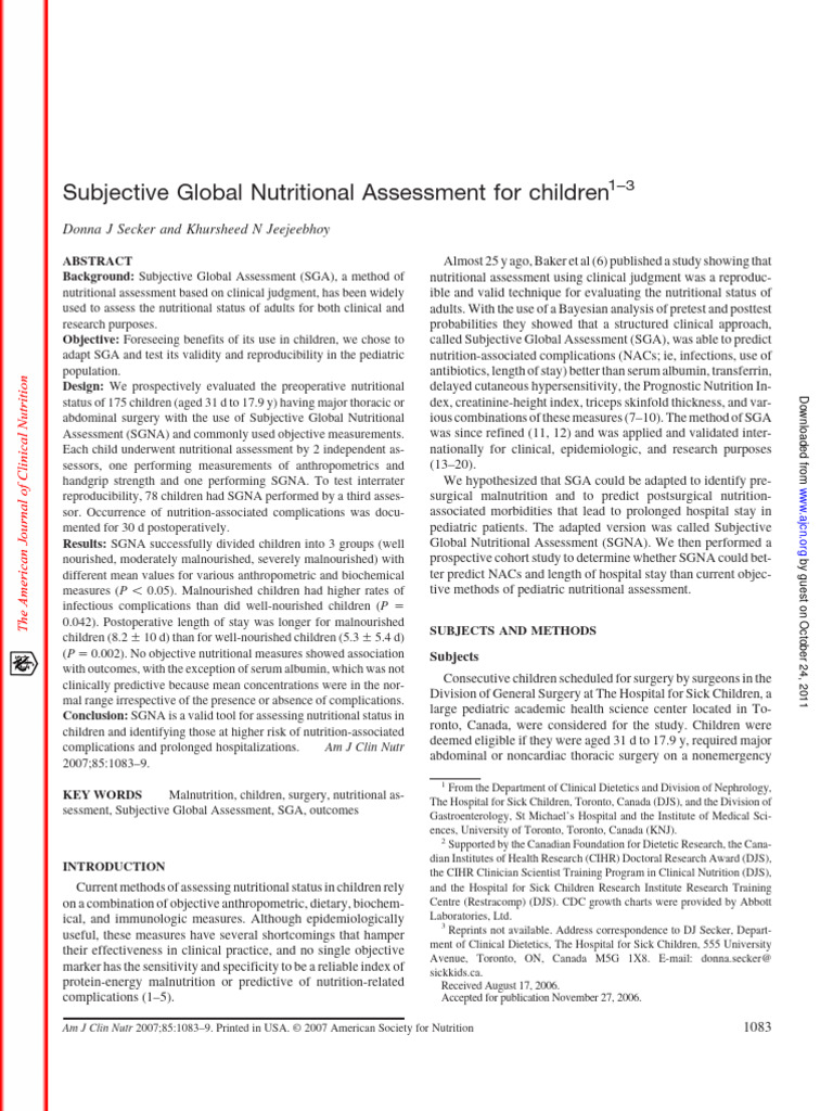 Subjective global nutrition assessment children | PDF | Malnutrition ...