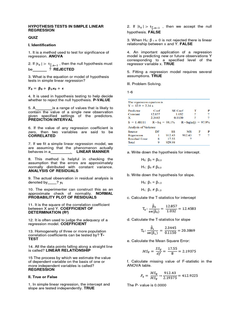 Mago Jessica Marionne O Hypothesis Tests In Simple Linear Regression Quiz Pdf Linear 