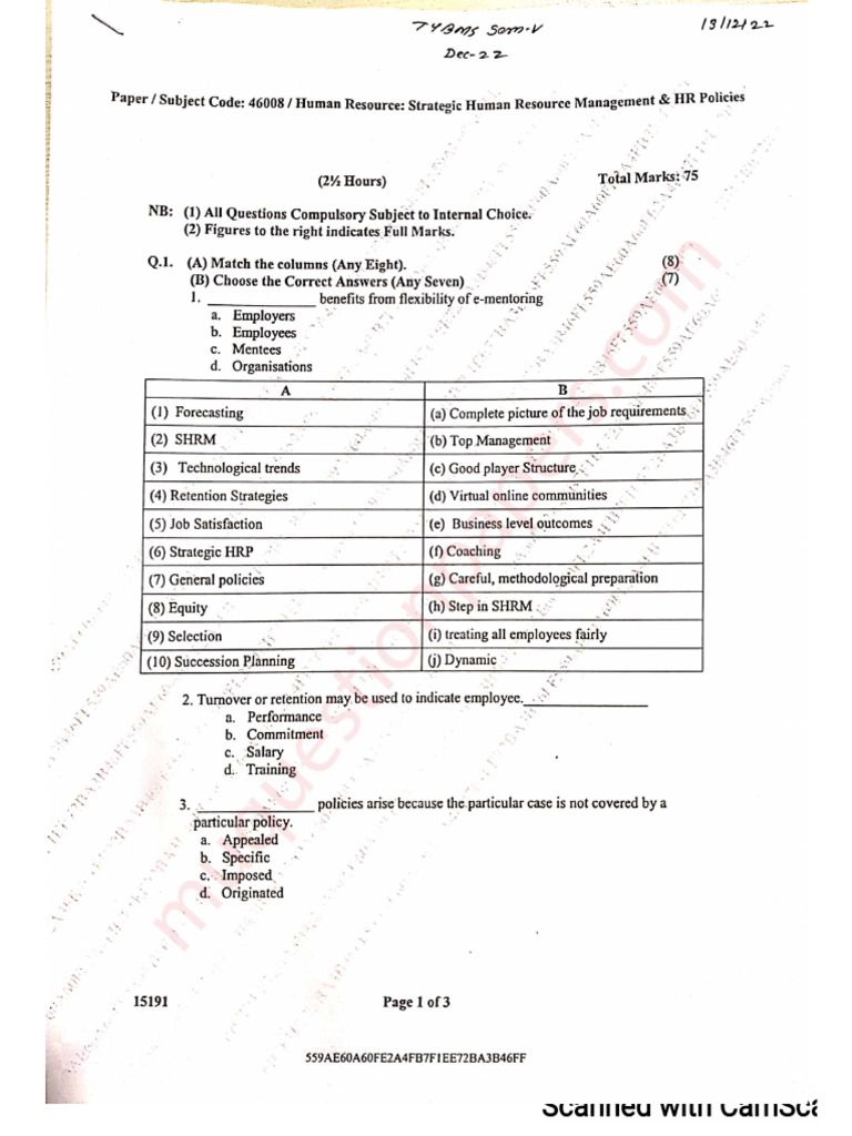 Commerce - Bms Bachelor of Management Studies - Semester 5 - 2022 - November - Elective Human ...