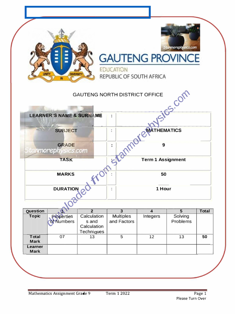 Maths Grade 9 Assignment Gauteng Term 1 2022 QP and Memo | PDF | Mathematics | Arithmetic