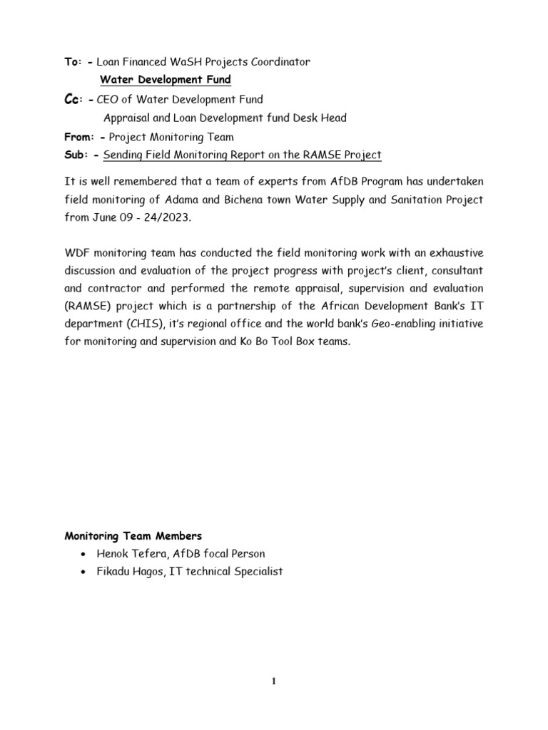 Field M.report Bichena Town WSSP | PDF | African Development Bank ...