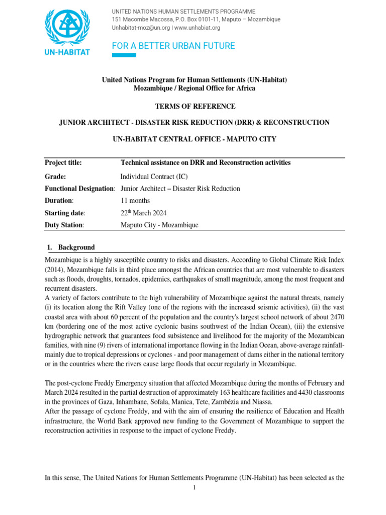 01 TOR Junior Architect DRR DRM CERC Final1 | PDF | Mozambique ...