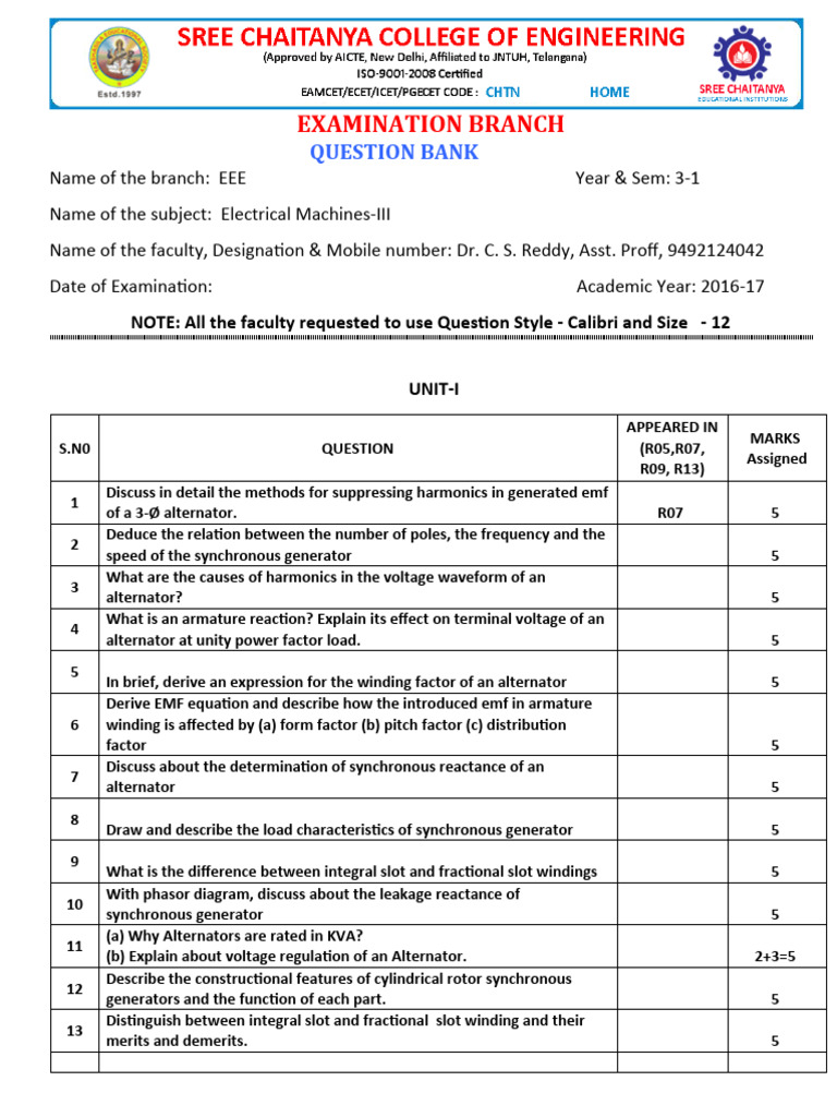 Electrical Machines III Question Bank | PDF | Physical Quantities ...