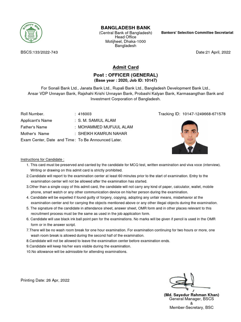 9 Bank Officer Admit Card | PDF