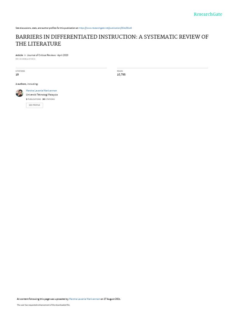 Lavania, M., - Nor, F. (2020) - Barriers in Differentiated Instruction - A Systematic Review ...