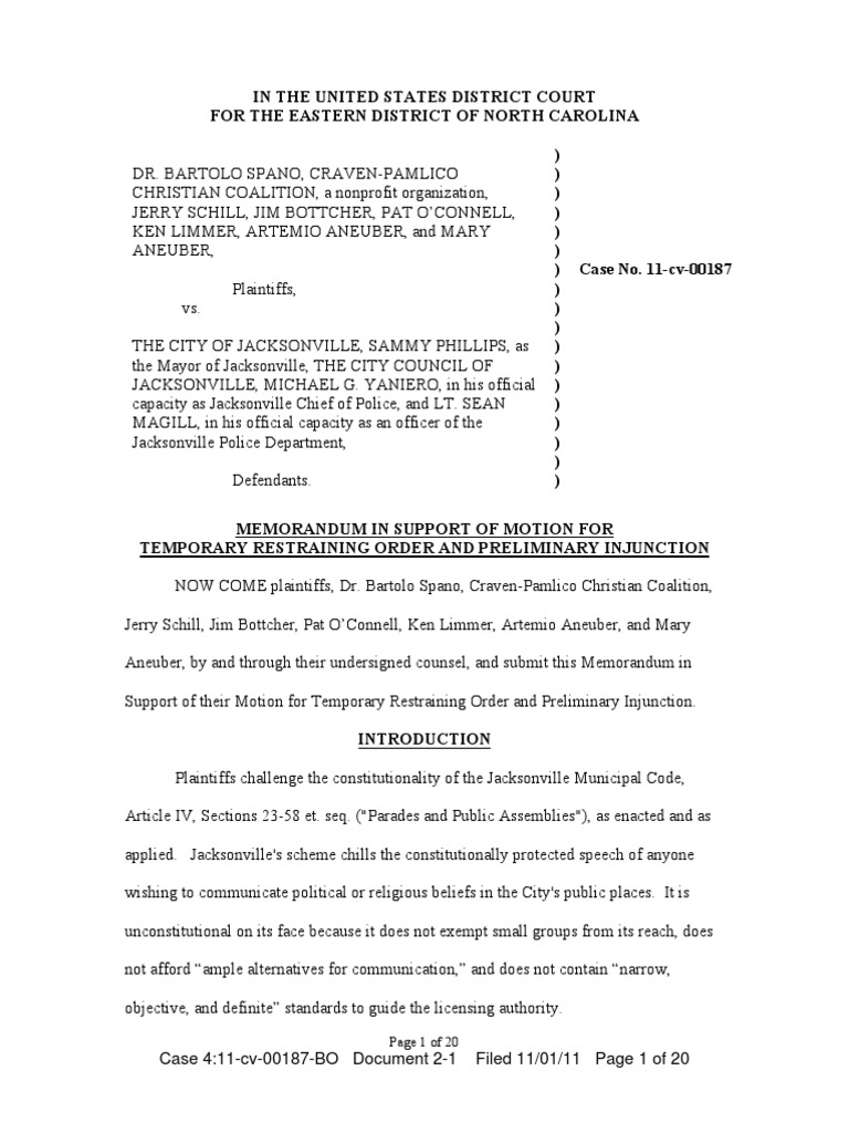 Memorandum in Support of Motion For Temporary Restraining Order and Preliminary Injunction | PDF ...