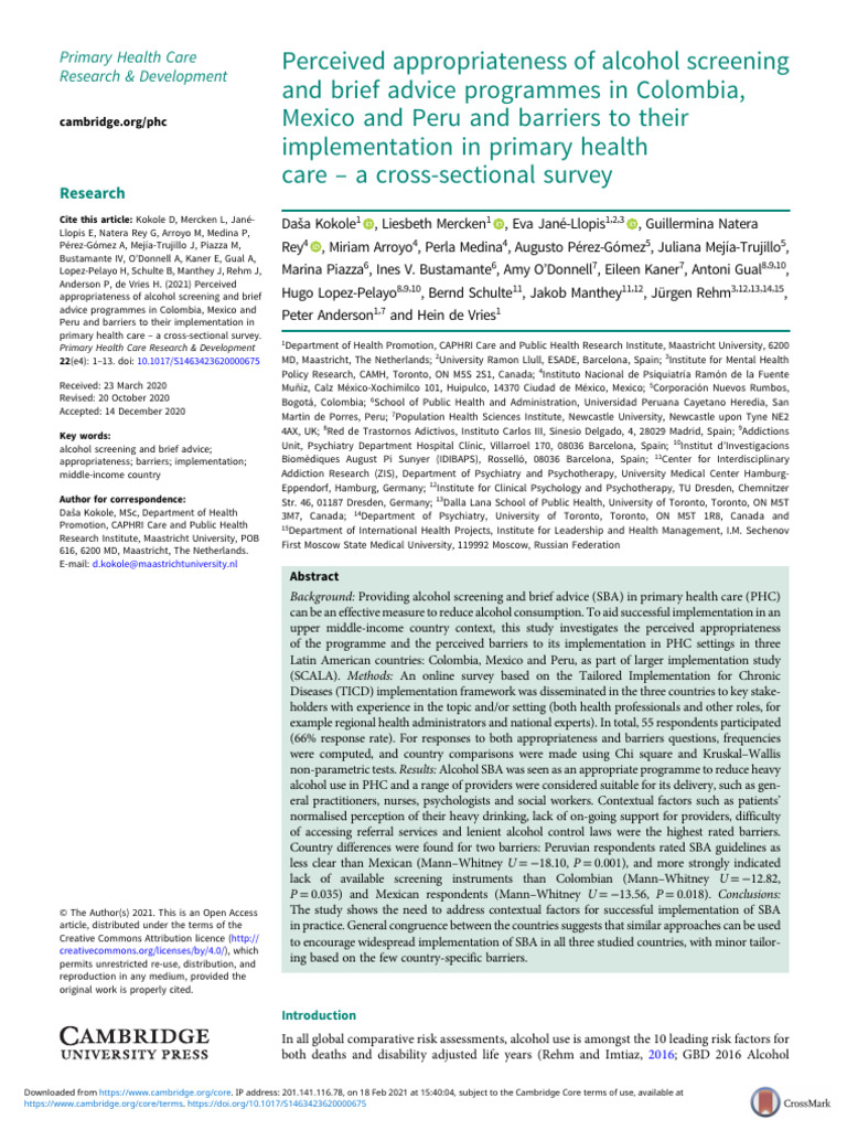 Alcohol Screening in Latin America: Barriers & Appropriateness | PDF ...
