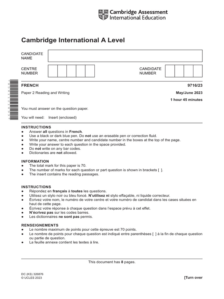 A Level French Paper 2 Instructions | PDF