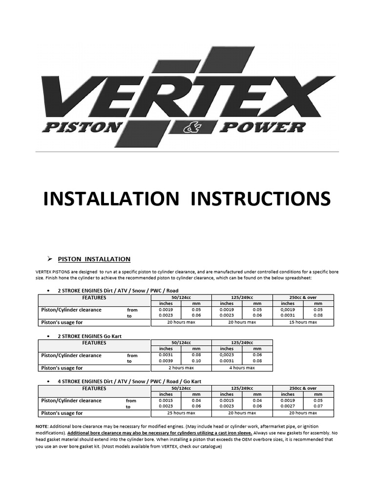 49715-VERTEX PISTONS - Installation Instructions | PDF | Cylinder ...